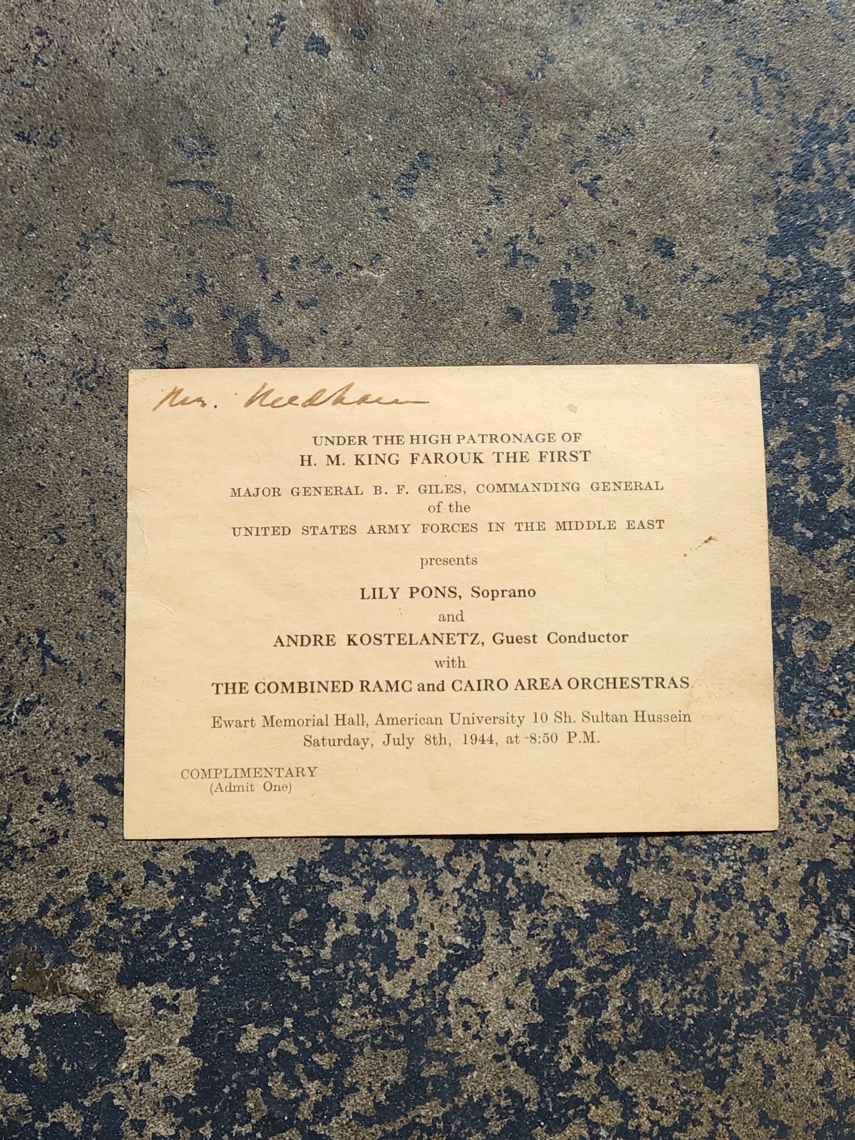 1944 Lily Pons Cairo Concert Ticket WWII U.S. Army King Farouk Patrona ...