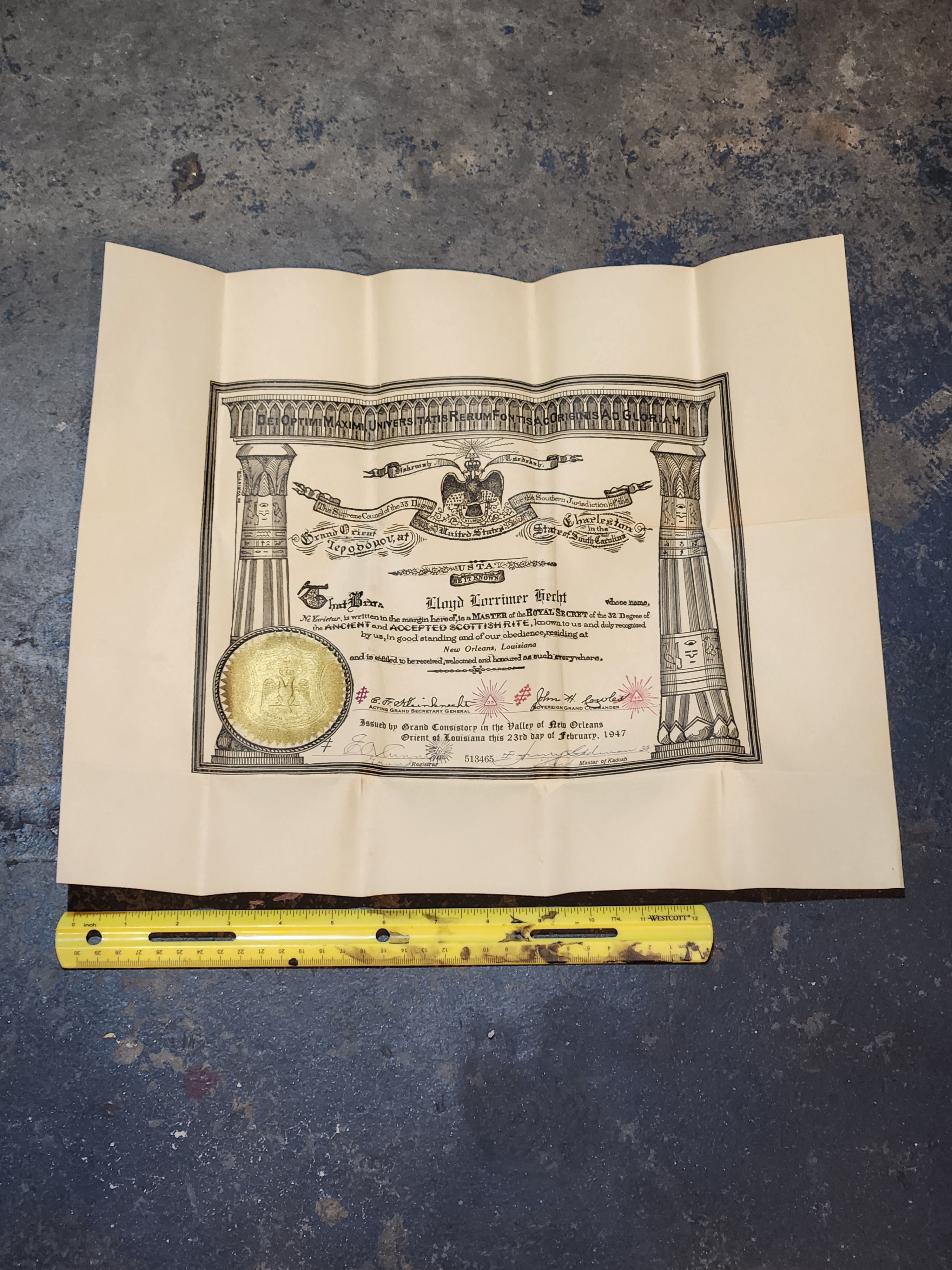 1947 Scottish Rite 32° Masonic Certificate – New Orleans + Leather Fol ...